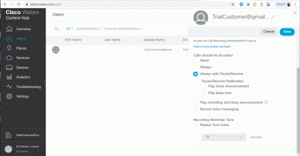 Dubber Call Recording with Cisco Webex Calling - Unifi